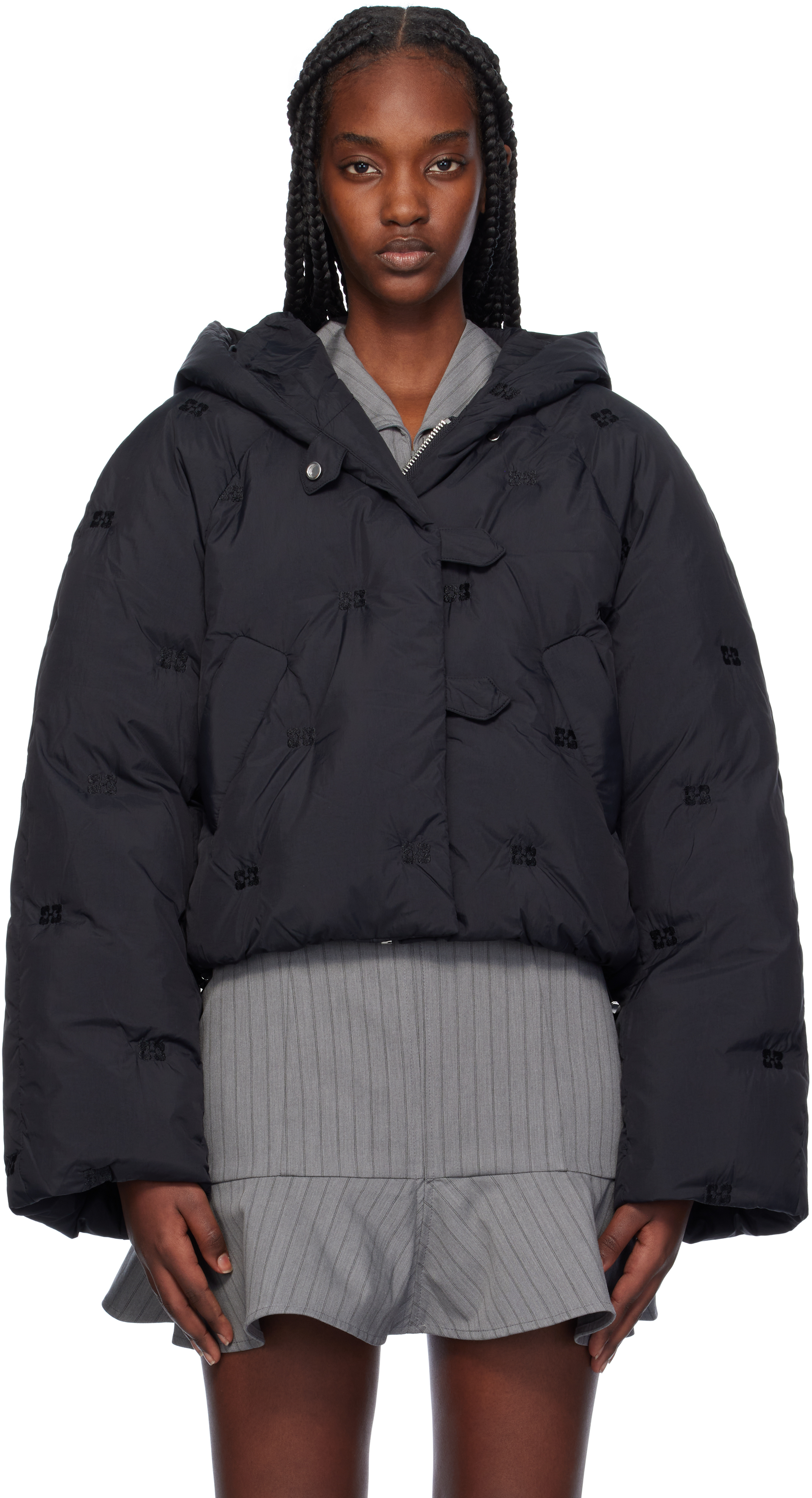 Ganni Short Tech Down Puffer Jacket In 099 Black - 13% Off